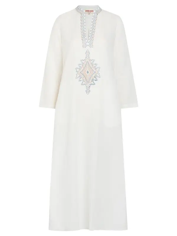 EMPORIO SIRENUSE Jenna Embroidered Linen-blend Midi Kaftan Dress - White