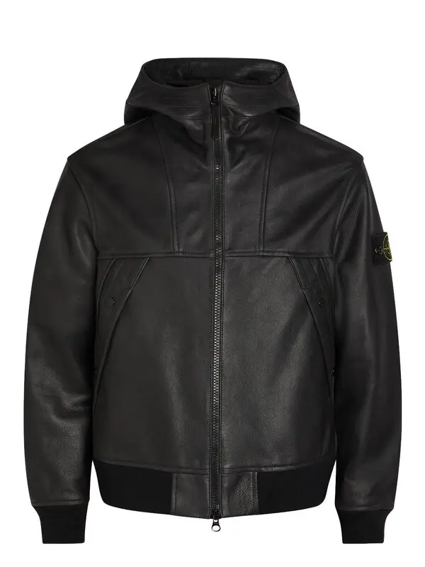 Stone Island Hooded Padded Grained Leather Jacket - Black