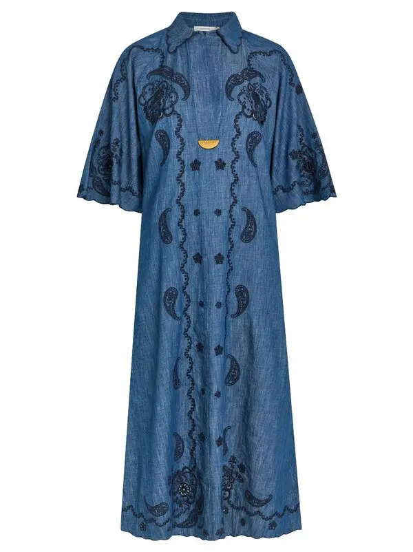 Zimmermann Aster Embroidered Denim Midi Dress - Blue