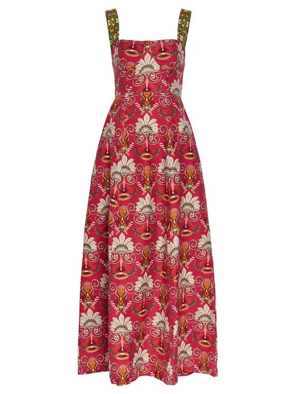 EMPORIO SIRENUSE Azzurra Printed Cotton And Linen-blend Midi Dress - Red