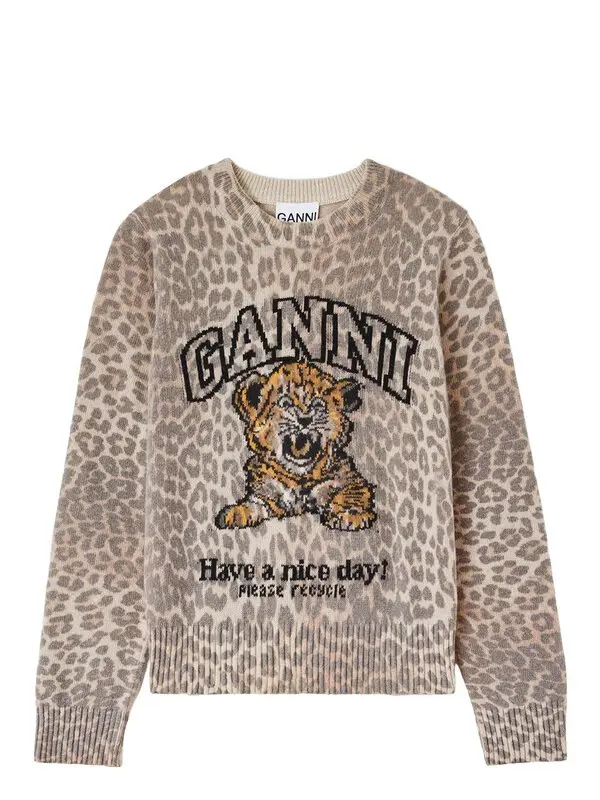 GANNI Tiger Print Crew Neck Sweater - Brown