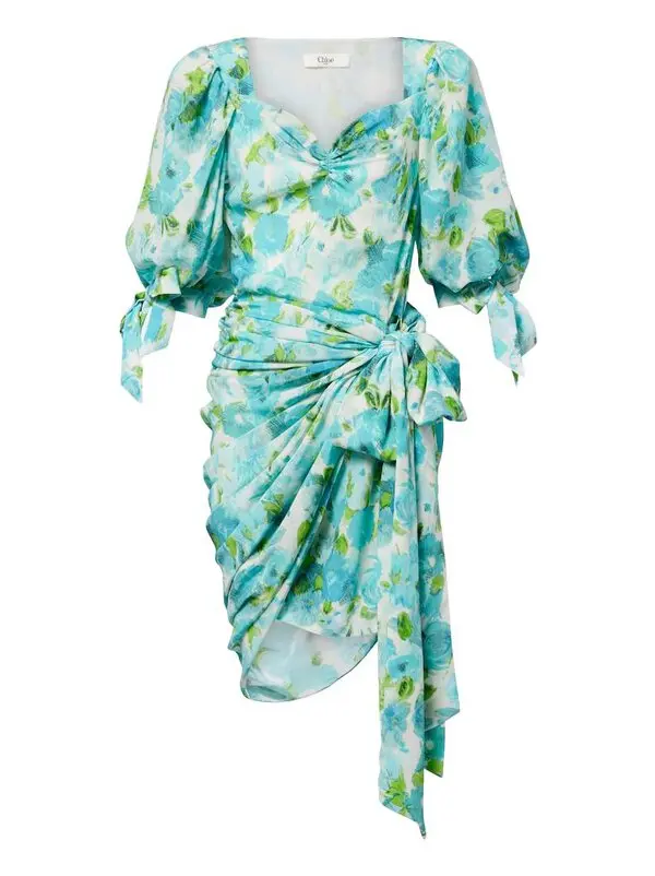 Chloé Draped Floral Silk Minidress - Blue