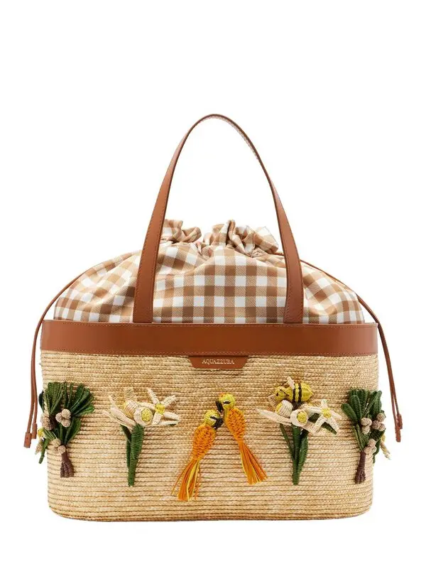 AQUAZZURA Birdsong Appliqué Raffia Tote - Beige