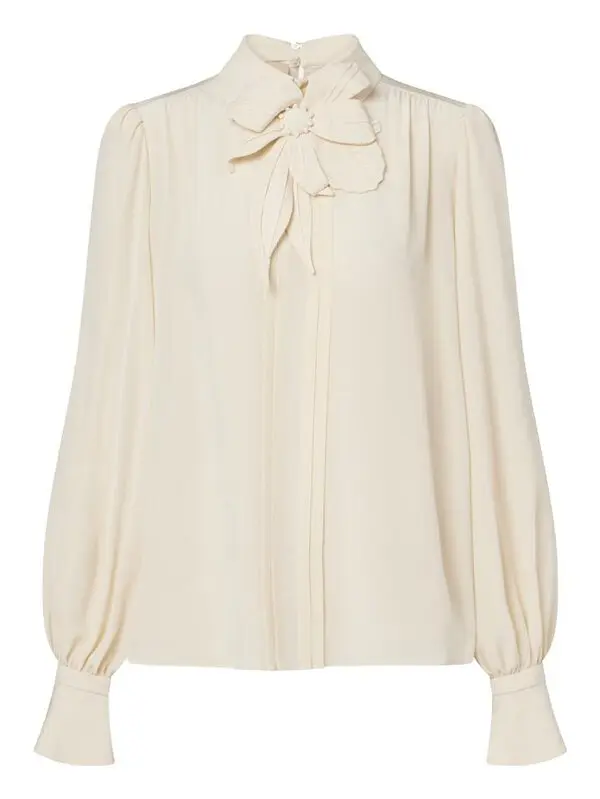 Valentino Garavani Floral-appliqué Silk Crêpe De Chine Blouse - White