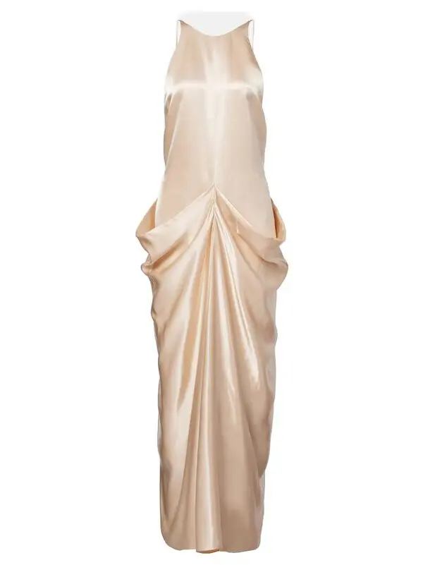Khaite Draped Gathered Satin Maxi Dress - Beige