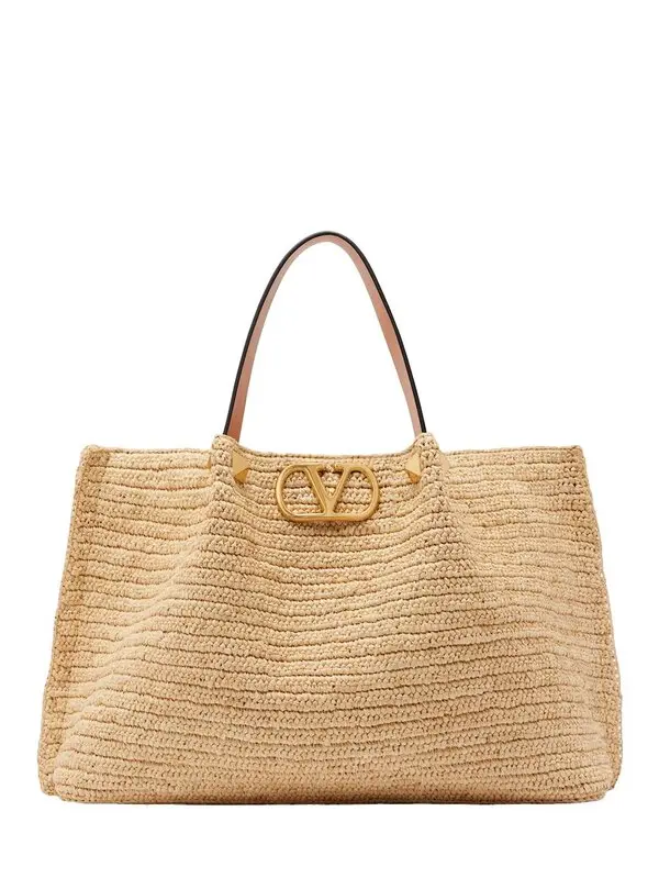 Valentino Garavani Vlogo Medium Raffia Tote - Neutrals