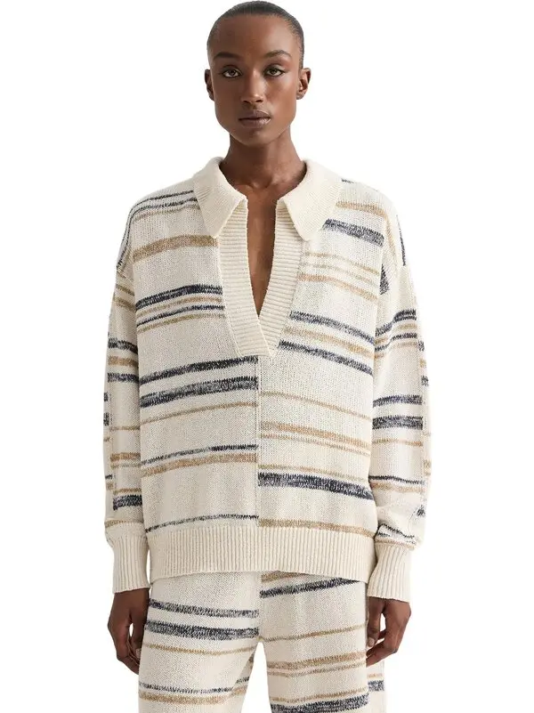 TWP Linen-silk V-neck Long Sleeve Polo - Ivory Multi