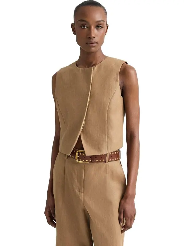 TWP High Neck Hidden Placket Vest In Chintzed Linen - Ermine