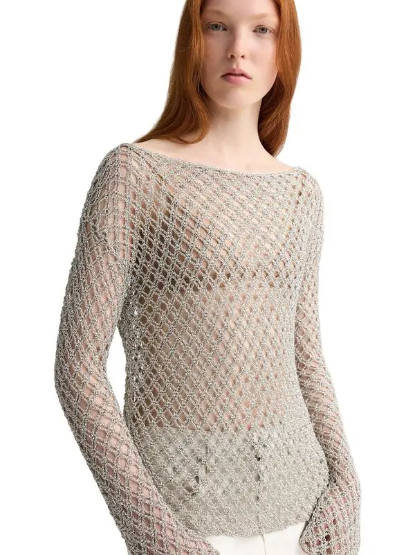 TWP Hand Crochet Slash Neck Top In Metallic Yarn - Pale Champagne