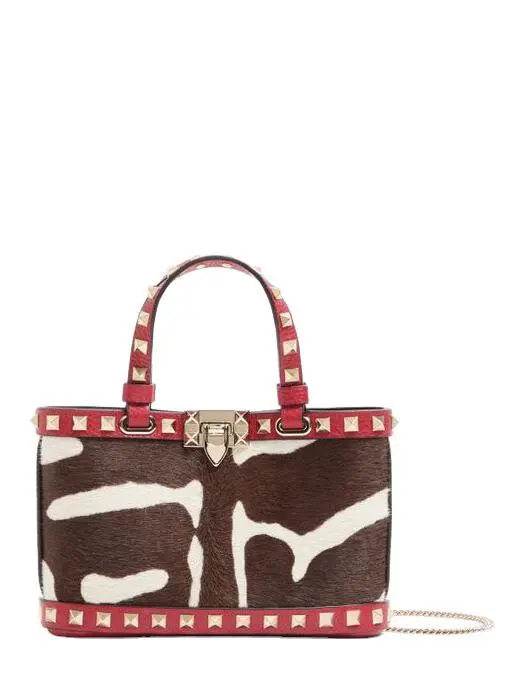 Valentino Garavani Rockstud Mini Shopping Bag In Pony-effect Calfskin - White/brown/red