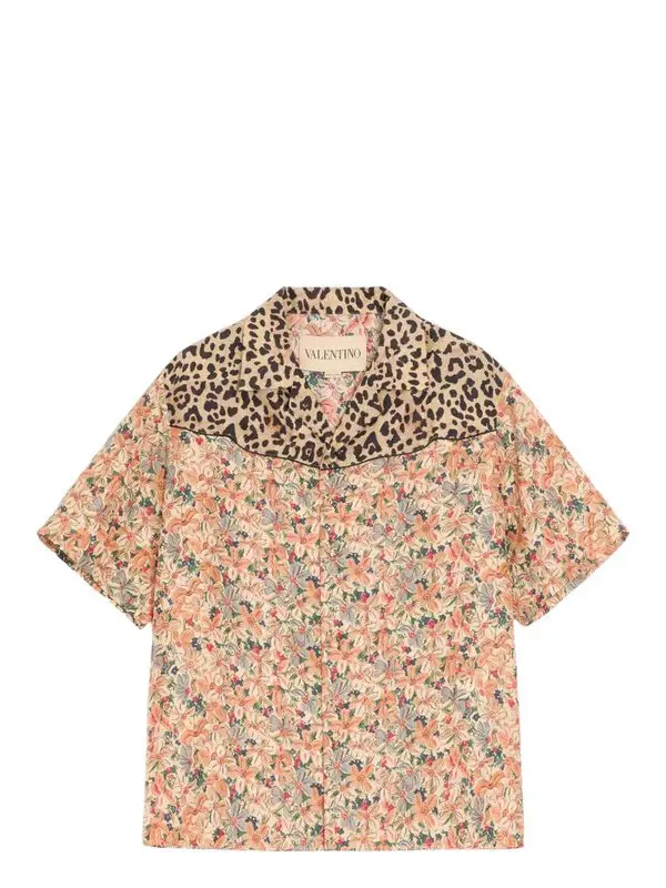 Valentino Garavani Bowling Shirt In Silk Poplin With Fauve Eclat Animalier And Papier Floral Prints - Multicolour
