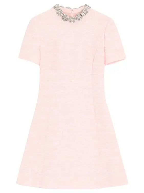 Valentino Garavani Embroidered Crinkle Cotton Tweed Short Dress - Pink/silver