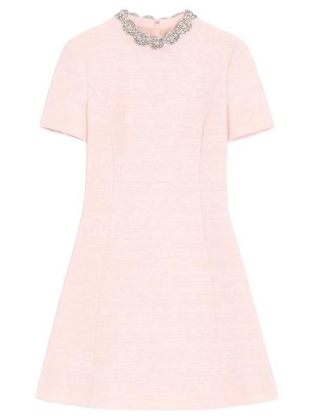 Valentino Garavani Embroidered Crinkle Cotton Tweed Short Dress - Pink/silver