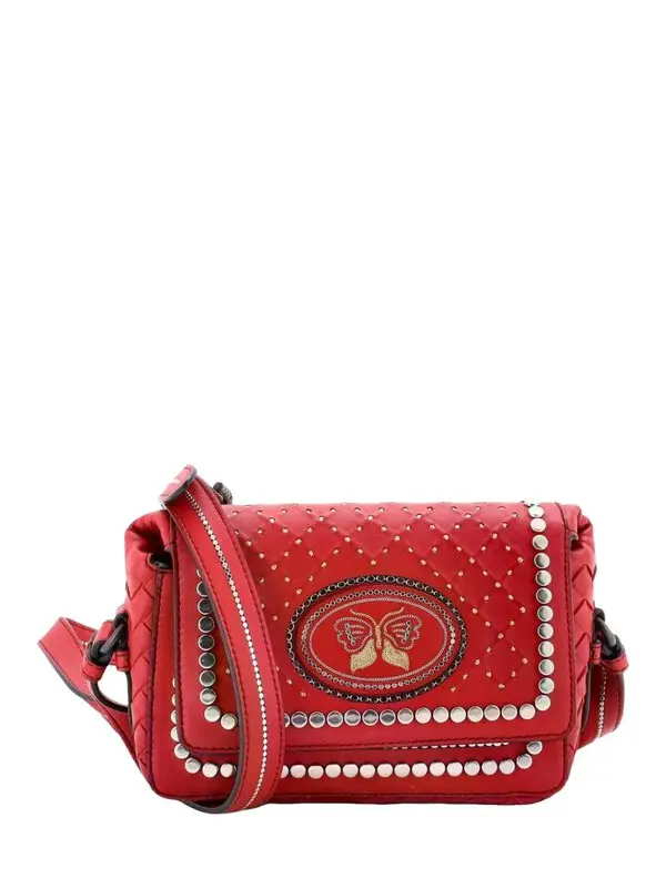 Bottega Veneta Flap Studded Leather Intrecciato Crossbody Bag - Red