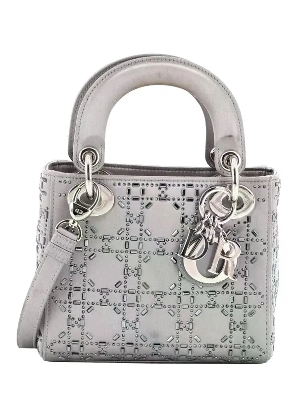 Dior Lady Mini Satchel Crystal Embellished Cannage Quilt - Grey