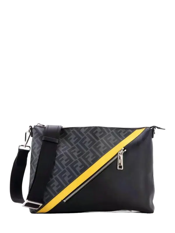 Fendi Front Zip Messenger Zucca Coated Canvas And Leather Large Crossbody Bag - Black