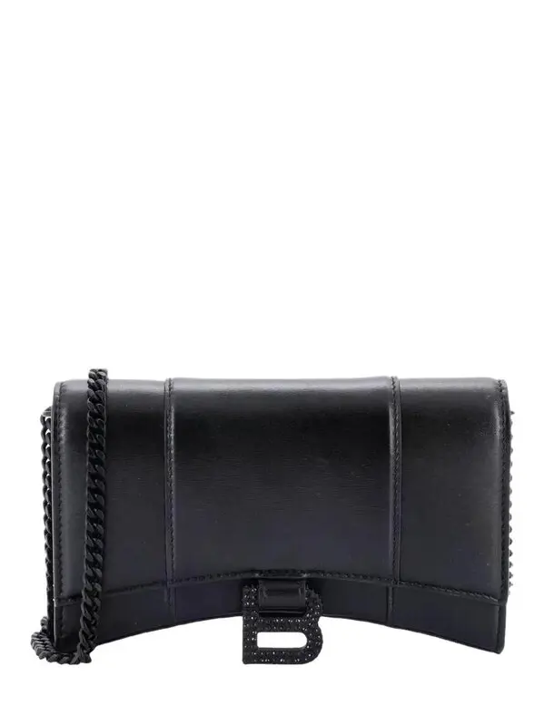Balenciaga Hourglass Chain Wallet Leather Crossbody Bag With Crystal Detail - Black