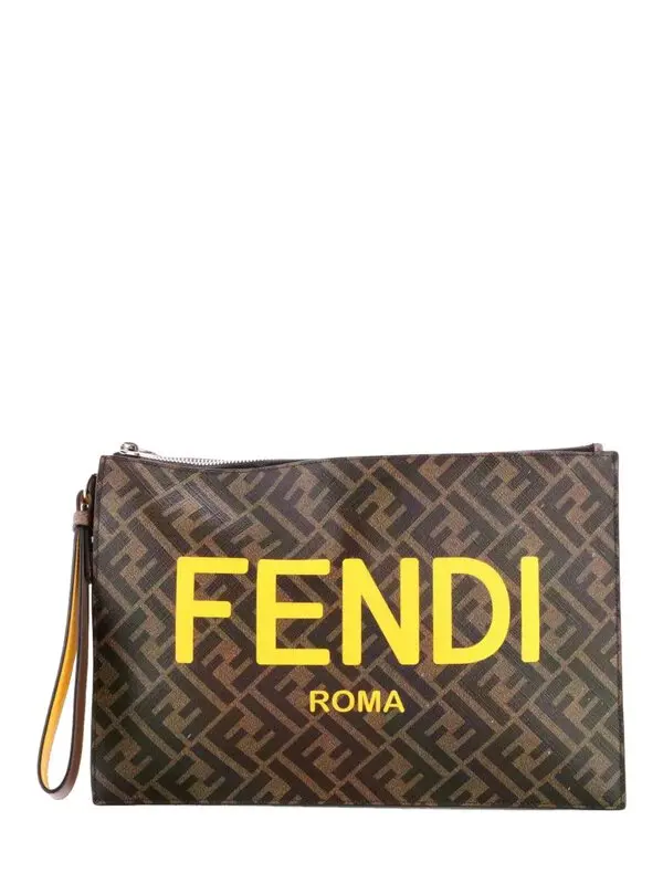 Fendi Logo Flat Wristlet Zucca Coated Canvas Clutch Bag - Brown