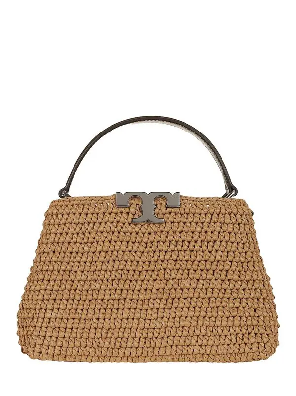 Tory Burch Raffia Top Handle Bag With Logo Clasp - Nude