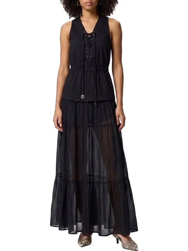Pinko Cotton V-neck Maxi Dress With Drawstring Waist - Black