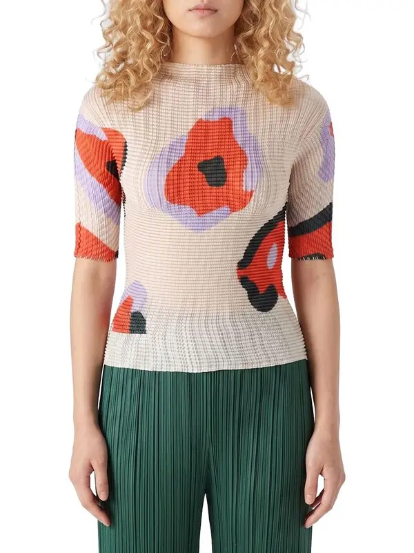 Issey Miyake Pleated Floral Top - Beige