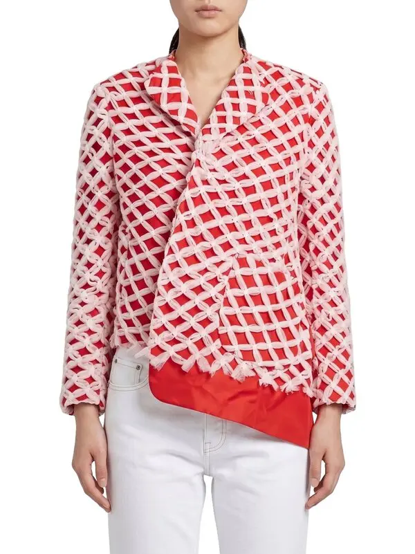 Comme Des Garçons Asymmetrical Double-breasted Blazer In Embroidered Check Tulle - Multicolor