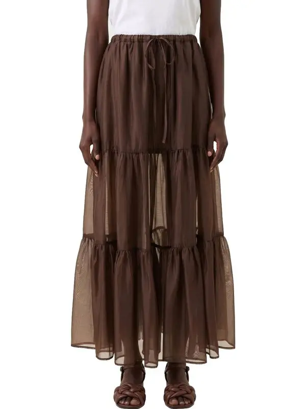 TWINSET A-line Tulle Midi Skirt With Drawstring Waist - Coffee