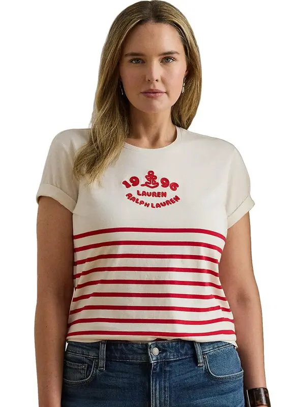 Ralph Lauren Striped Jersey Tee With Embroidered Logo - Mascarpone Cream/red