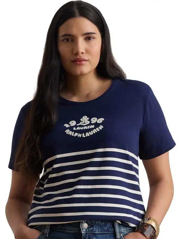 Ralph Lauren Striped Jersey Tee With Embroidered Logo - Refined Navy/cream