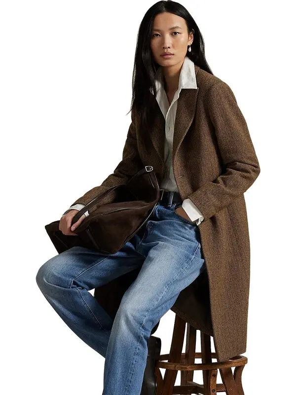 Ralph Lauren Wool-blend Herringbone Tailored Coat - Brown/tan Herringbone