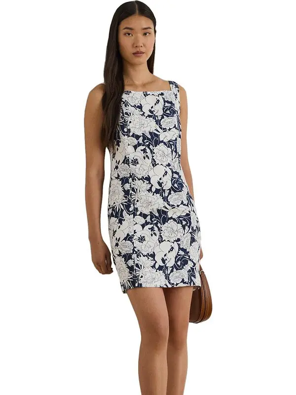 Ralph Lauren Floral Linen Sleeveless Shift Dress - White/navy