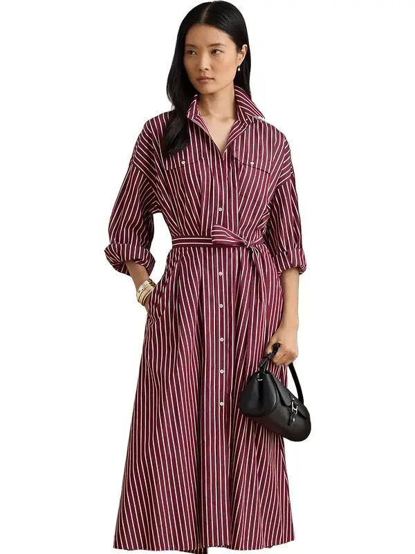 Ralph Lauren Striped Belted Cotton Shirtdress - Burgandy/white Multi