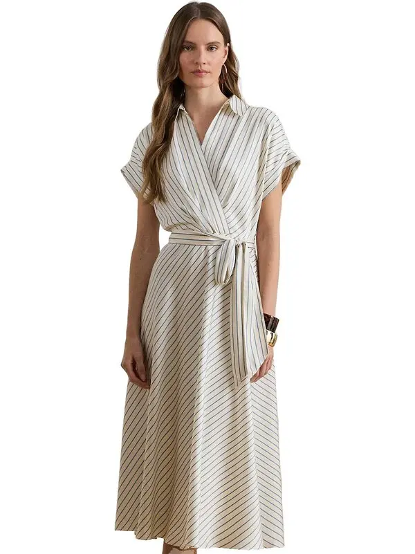 Ralph Lauren Striped Belted Twill Shirt Dress - Cream/blue