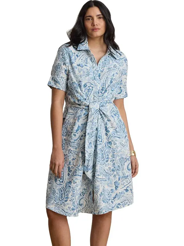 Ralph Lauren Paisley Tie-front Linen Shirtdress - White/blue