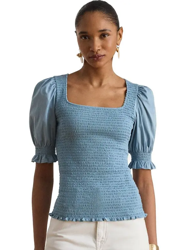 Ralph Lauren Smocked Cotton Jersey Puff-sleeve Top - Blue Note