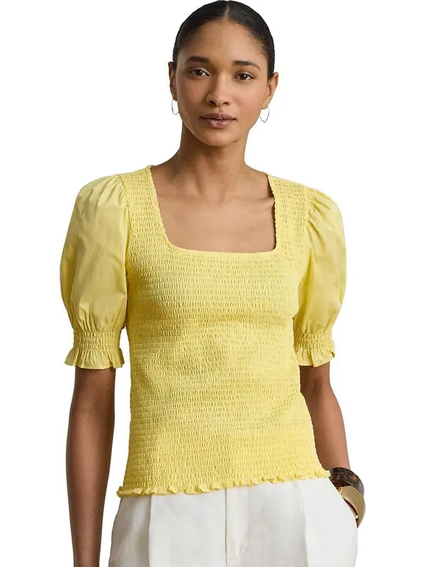 Ralph Lauren Smocked Cotton Jersey Puff-sleeve Top - Lemon Sorbet
