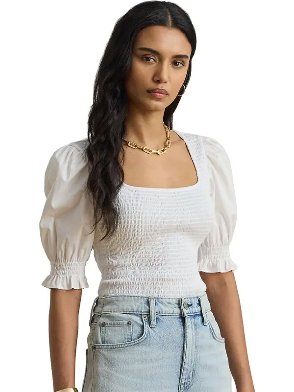 Ralph Lauren Smocked Cotton Jersey Puff-sleeve Top - White