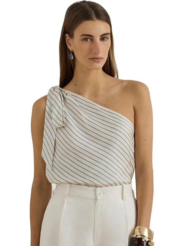 Ralph Lauren Striped One-shoulder Twill Blouse - Cream/blue