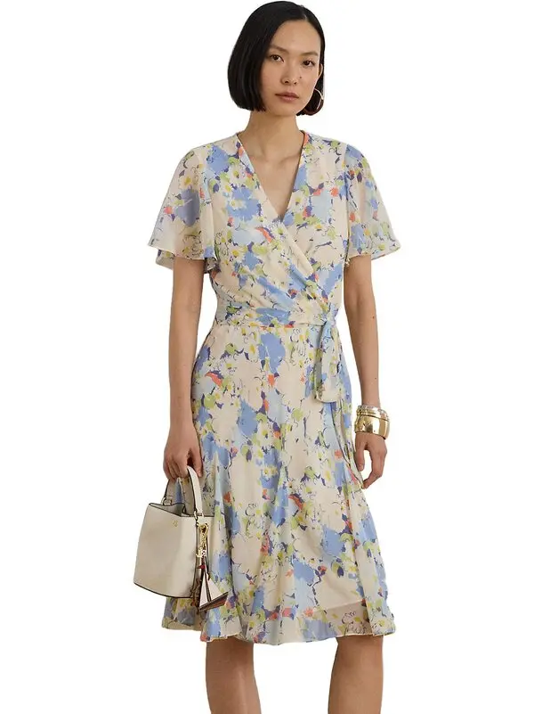Ralph Lauren Floral Crinkle Georgette Surplice Dress - Blue Multi