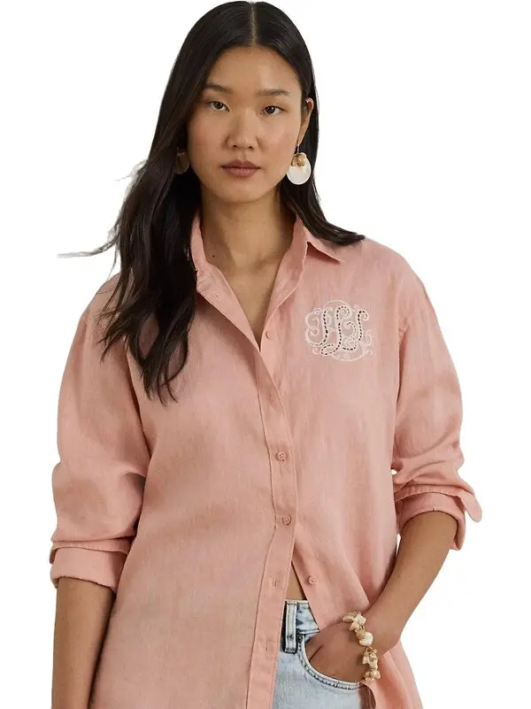 Ralph Lauren Relaxed Fit Eyelet-logo Linen Shirt - Pink Rhodonite