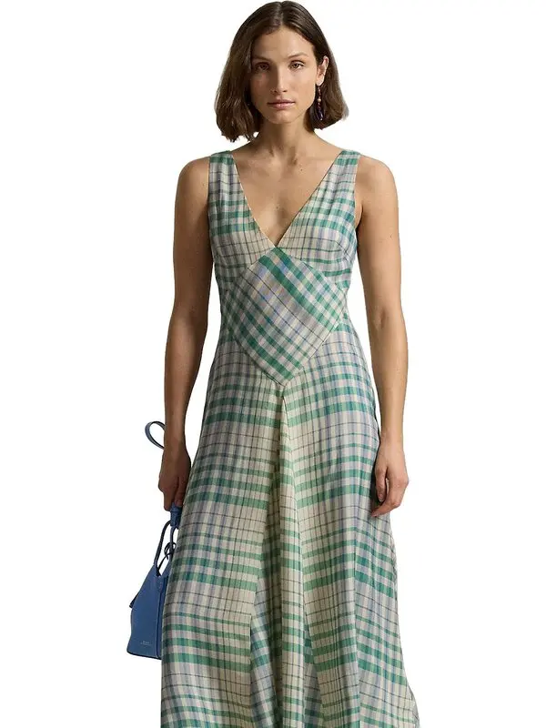 Ralph Lauren Paneled Plaid Sleeveless Midi Dress - Blue Light Mauve Plaid