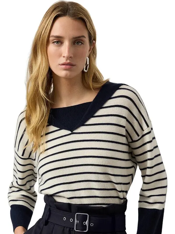 Ralph Lauren Sailor-collar Striped Cashmere Sweater - Cream/icon Navy