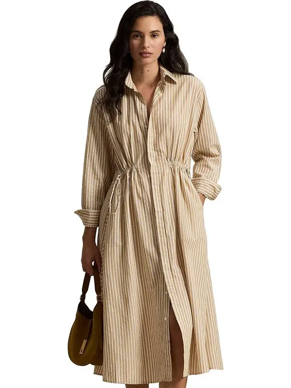 Ralph Lauren Striped Cotton-linen Drawcord Shirtdress - Classic Camel/white