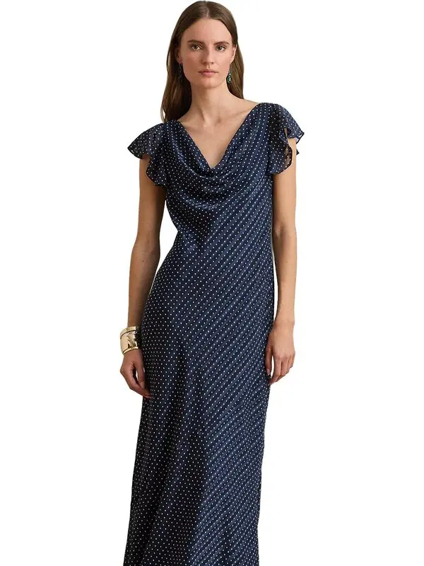 Ralph Lauren Polka-dot Burn-out Satin Gown - Navy/white