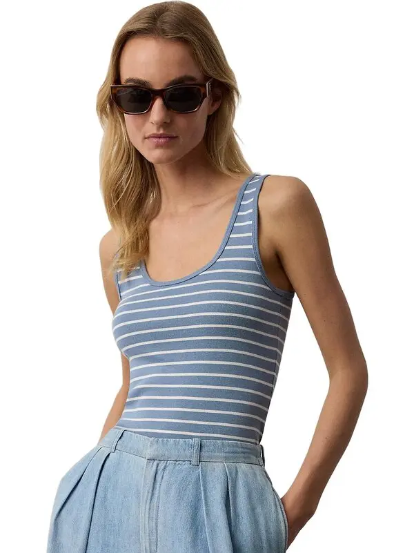 Ralph Lauren Ellis Rib-knit Striped Tank Top - Chambray/lux Cream