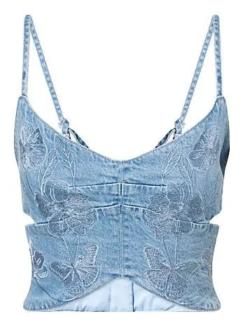 Good American Embroidered Cotton Denim Top - Indigo1201