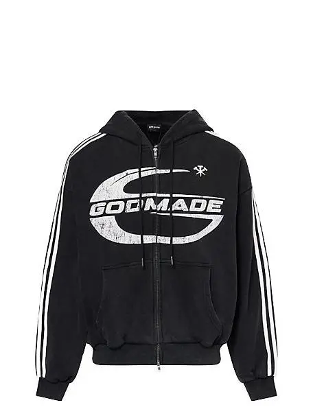 GODMADE Logo Print Zip-up Cotton Hoody - Black