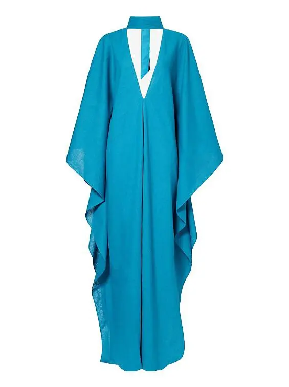 TALLER MARMO V-neck Draped Linen Kaftan - Peacock