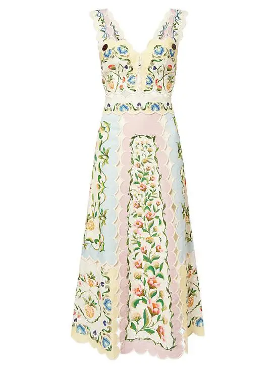 Barbour X Farm Rio Scalloped Petal Linen-and-cotton Midi Dress - Cream Petal Flower