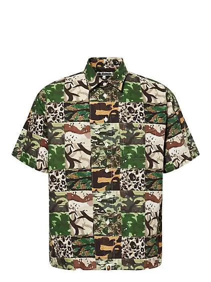 A BATHING APE Patchwork-print Short-sleeve Cotton Shirt - Green